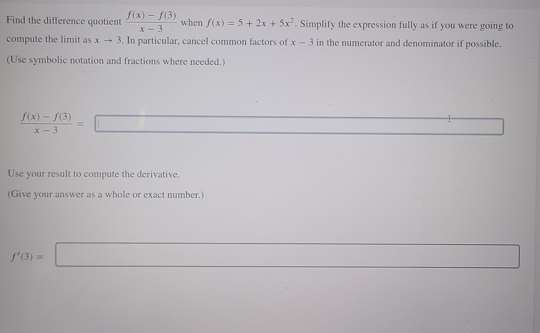 Solved Find the difference quotient f(x)-f(3)x-3 ﻿when | Chegg.com