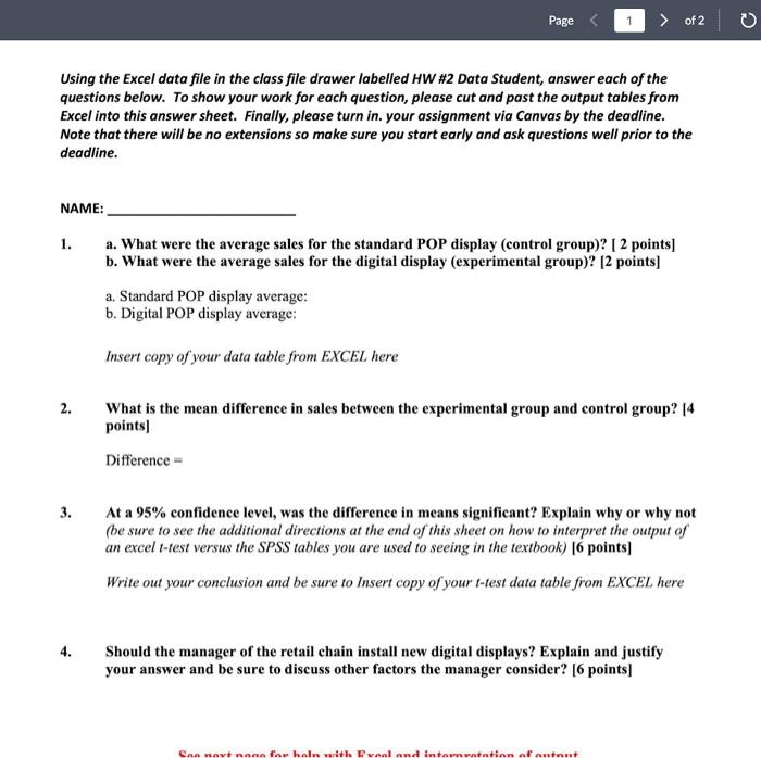 NAME: 1. 2. Using the Excel data file in the class | Chegg.com