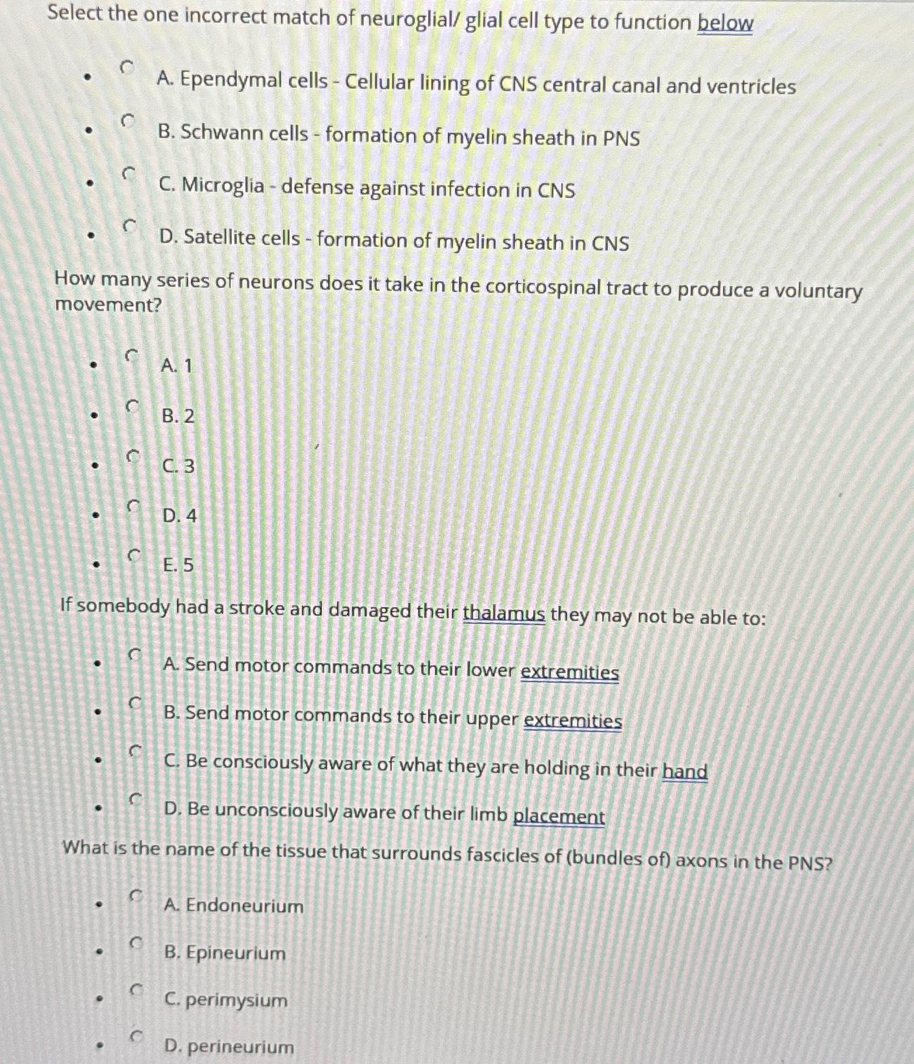 Solved Select the one incorrect match of neuroglial/ ﻿glial | Chegg.com