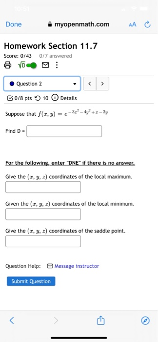 Solved Done myopenmath.com AA e Homework Section 11.7 Score: | Chegg.com