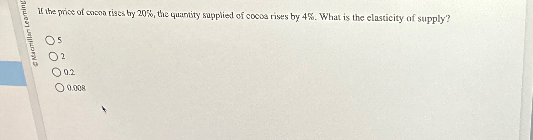 Solved If the price of cocoa rises by 20%, the quantity | Chegg.com Solved If the price of cocoa rises by 20%, the quantity | Chegg.com