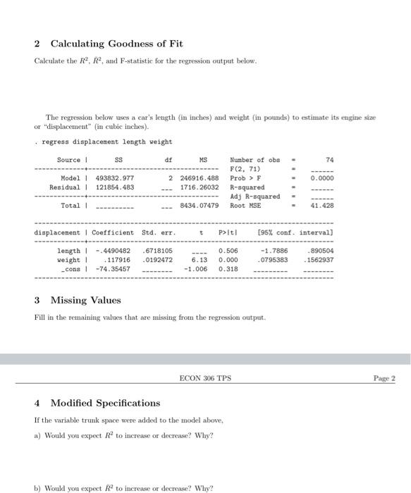Solved 2 Calculating Goodness of Fit Calculate the R2,R2, | Chegg.com