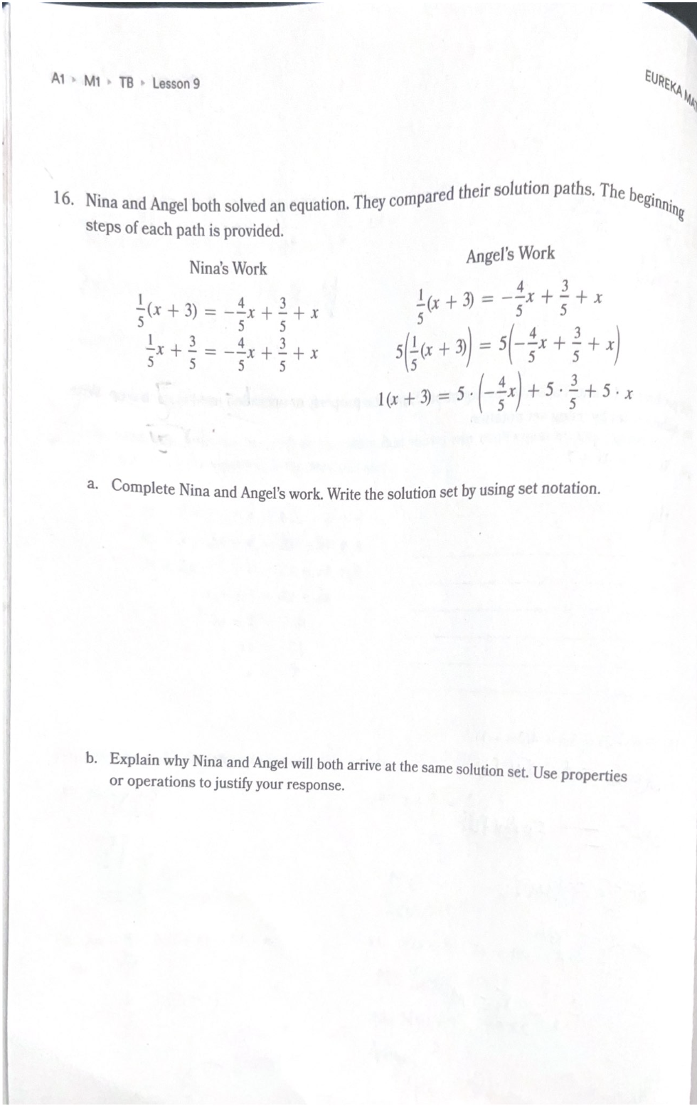 Solved A1=M1=TB L ﻿Lesson 9Nina and Angel both solved an | Chegg.com
