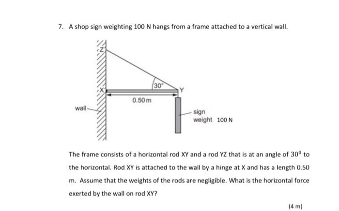 Solved 7. A shop sign weighting 100 N hangs from a frame | Chegg.com