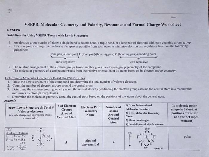 Solved CHE 14 VSEPR, Molecular Geometry and Polarity, | Chegg.com