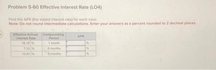 Problem 5-60 Effective Interest Rate (LO4) Find the | Chegg.com