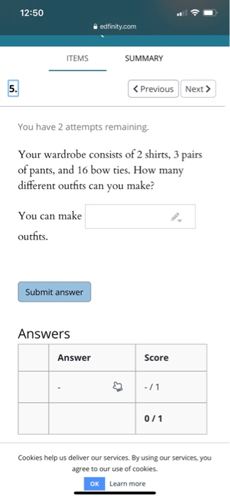 Solved 12:50 edfinity.com ITEMS SUMMARY 5. | Chegg.com