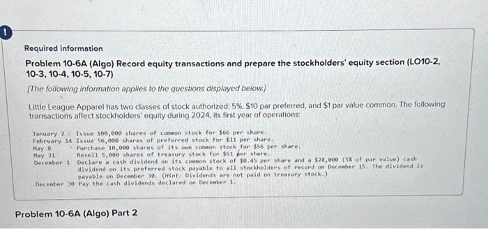 Solved Required information Problem 10-6A (Algo) Record | Chegg.com