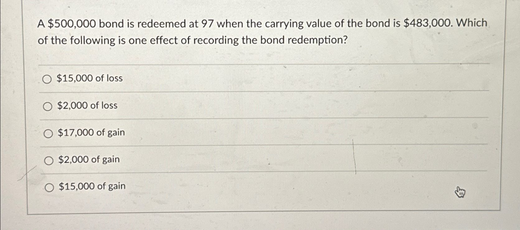 Solved A $500,000 ﻿bond is redeemed at 97 ﻿when the carrying | Chegg.com