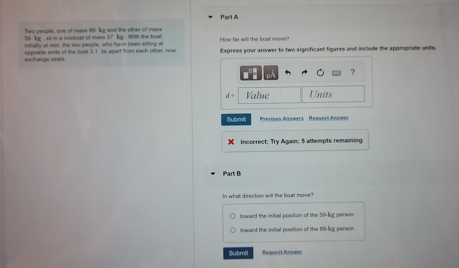 Solved Two people, one of mass 89 kg and the other of mass | Chegg.com