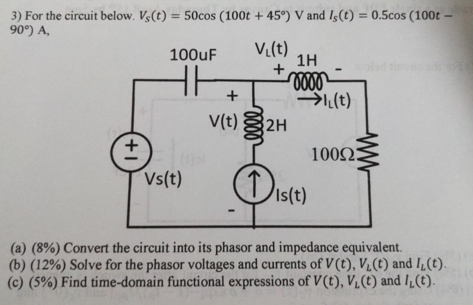 Solved 3) For the circuit below. Vs(t) = 50cos (100t + 45°) | Chegg.com
