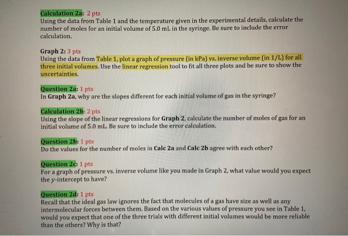 Solved Calculation 2a: 2 pts Using the data from Table 1 and | Chegg.com