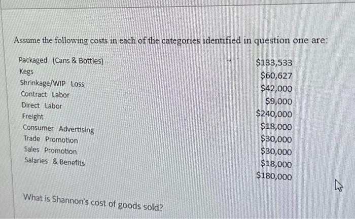 Solved Assume the following costs in each of the categories | Chegg.com