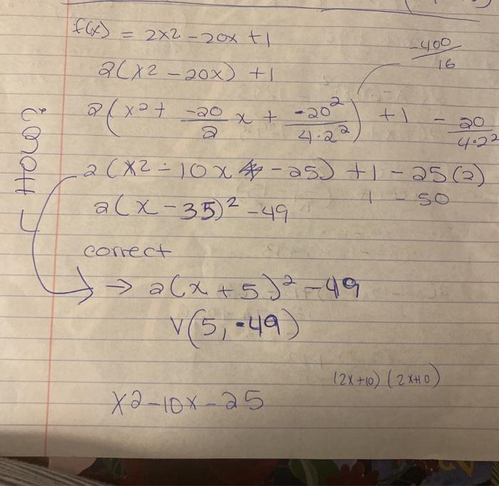 Solved -400 f(x) = 2x2 - 20x tl 26X2-20x) ti alxat -20 x + - | Chegg.com