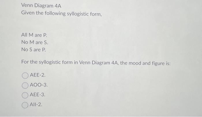 Venn Diagram 4 A Given the following syllogistic | Chegg.com