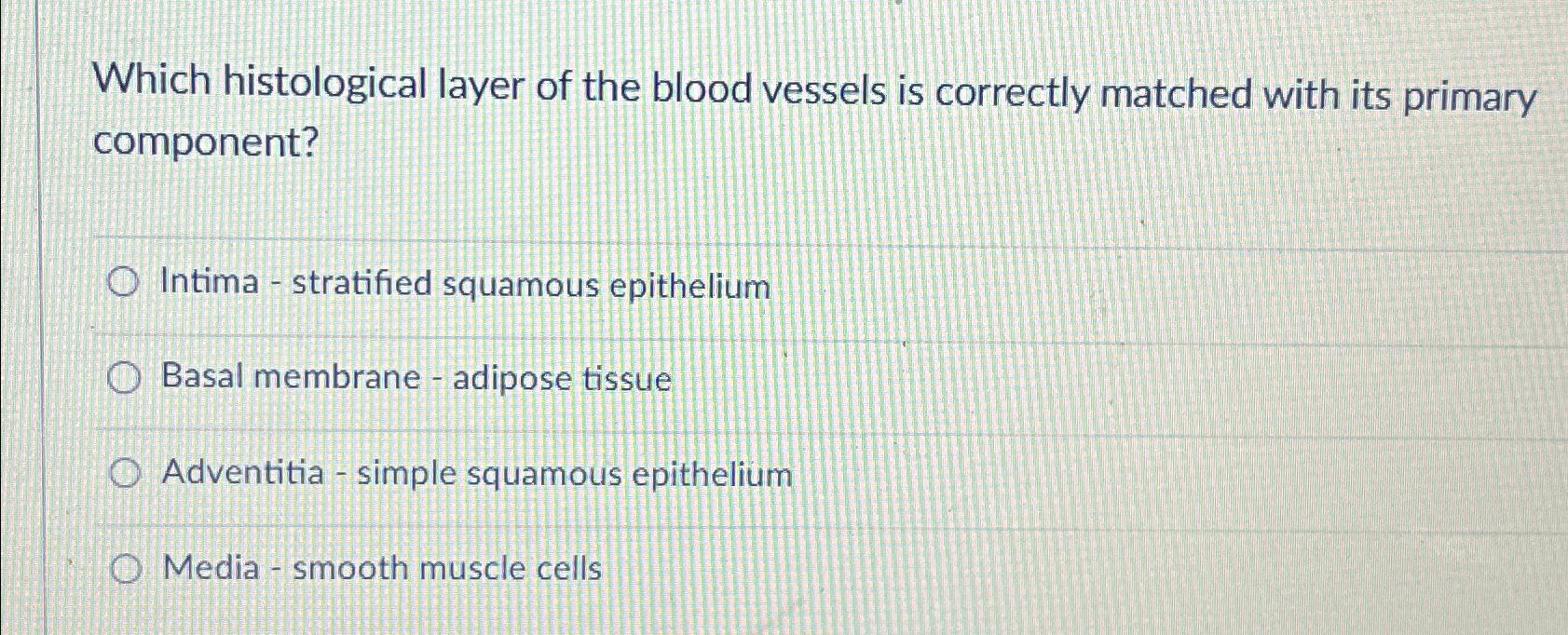 Solved Which histological layer of the blood vessels is | Chegg.com