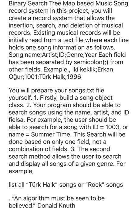 Solved Binary Search Tree Map based Music Song record system | Chegg.com