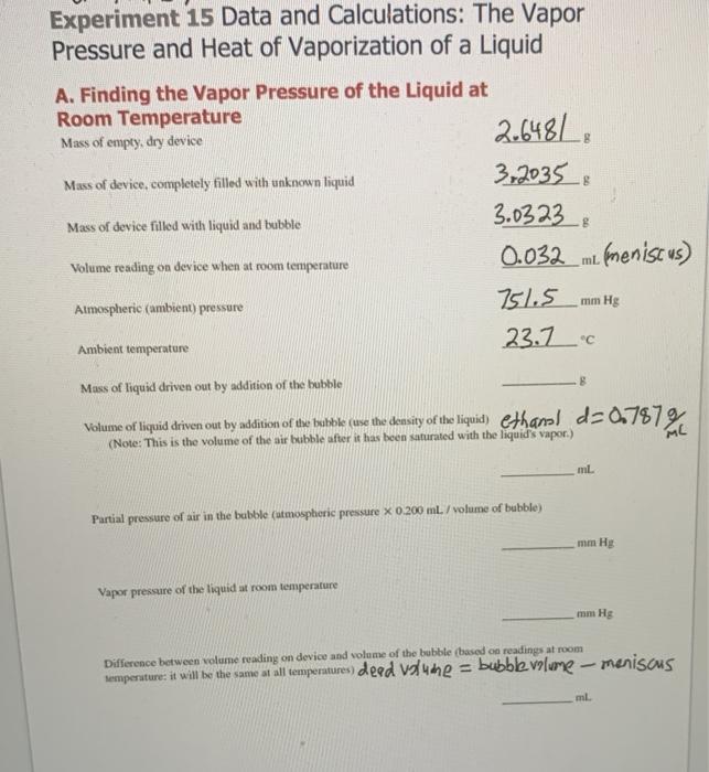 Experiment 15 Data and Calculations: The Vapor | Chegg.com