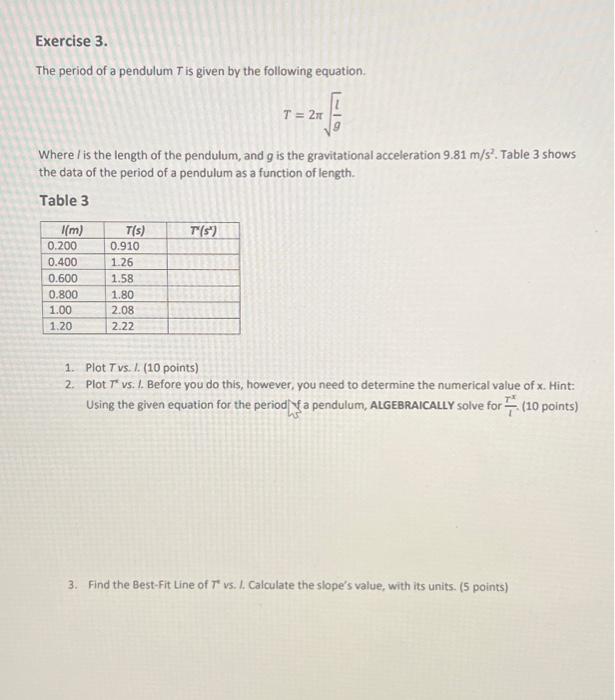 Solved Exercise 3. The period of a pendulum T is given by | Chegg.com