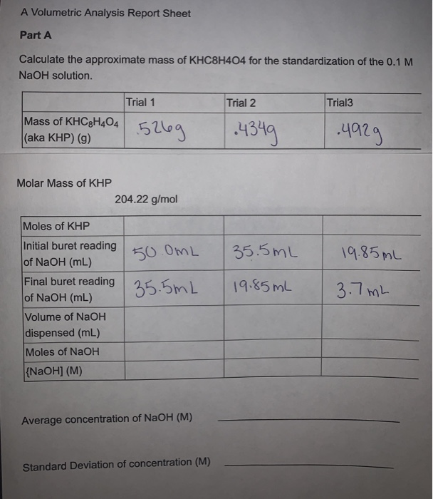 Solved A Volumetric Analysis Report Sheet Part A Calculate | Chegg.com