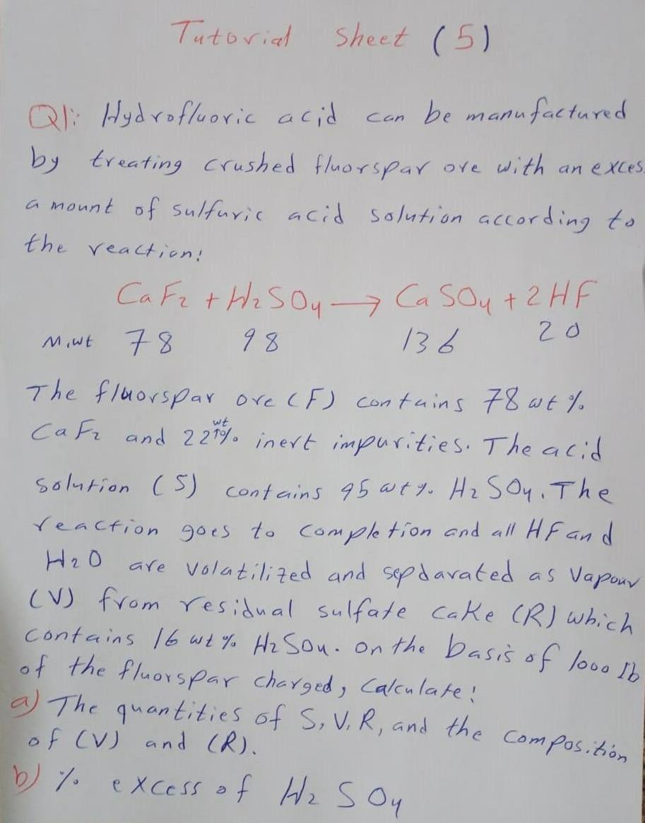 Solved Tutorial Sheet (5) can Q1: Hydrofluoric acid be | Chegg.com