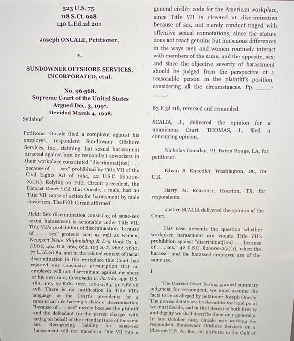 Joseph ONCALE, Petitioner, since Title VII is | Chegg.com