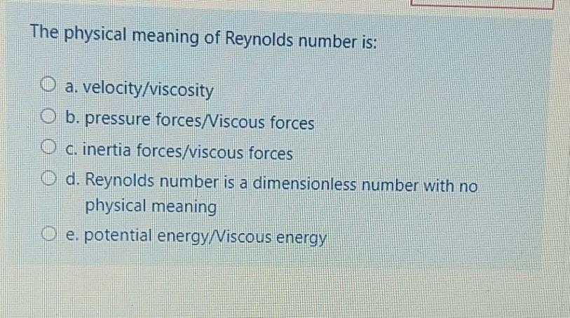 Solved The physical meaning of Reynolds number is: a. | Chegg.com