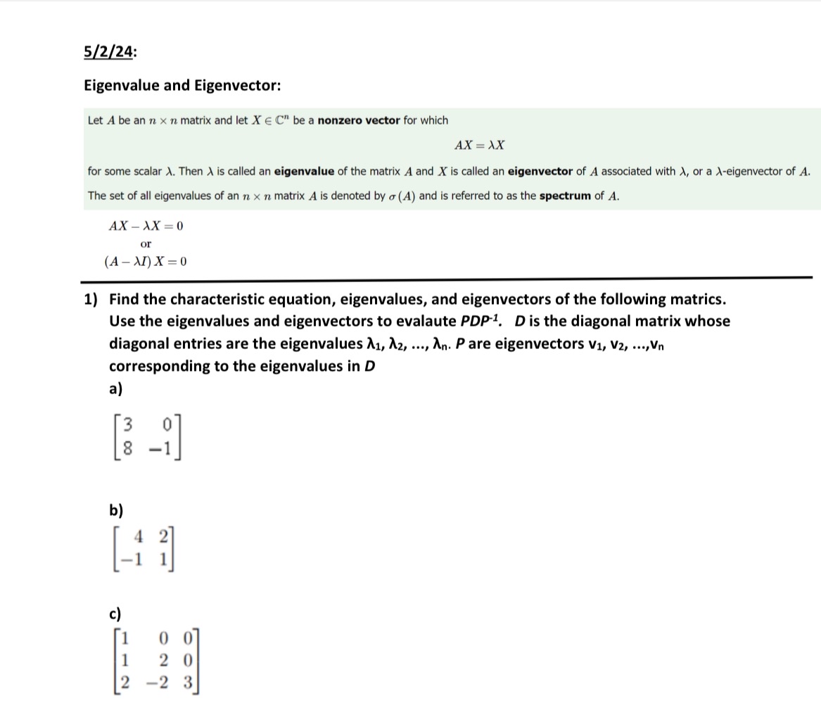 Solved 5/2/24:Eigenvalue and Eigenvector:Let A ﻿be an n×n | Chegg.com