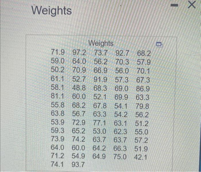 Solved Weights of 67 college students in kilograms in | Chegg.com