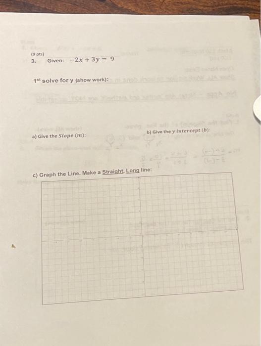 Solved 3. Given: −2x+3y=9 1th solve for y (show work): a) | Chegg.com