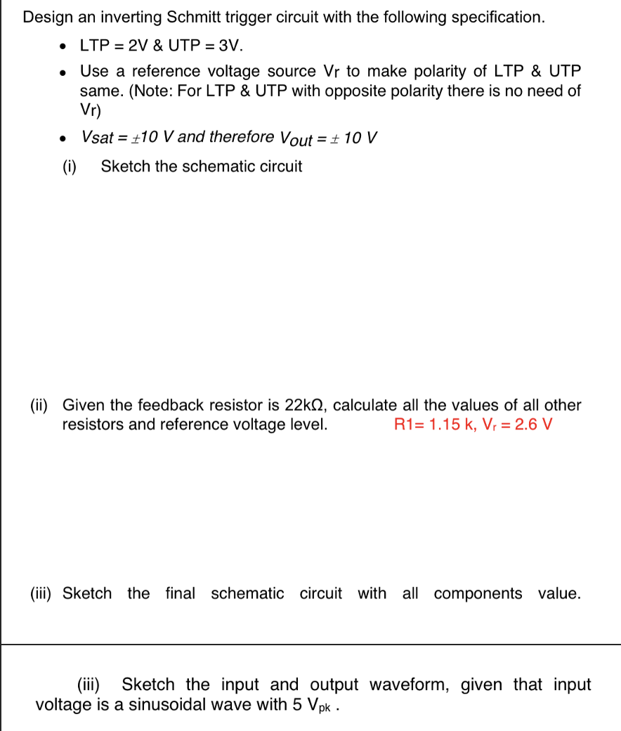 Solved Design an inverting Schmitt trigger circuit with the | Chegg.com