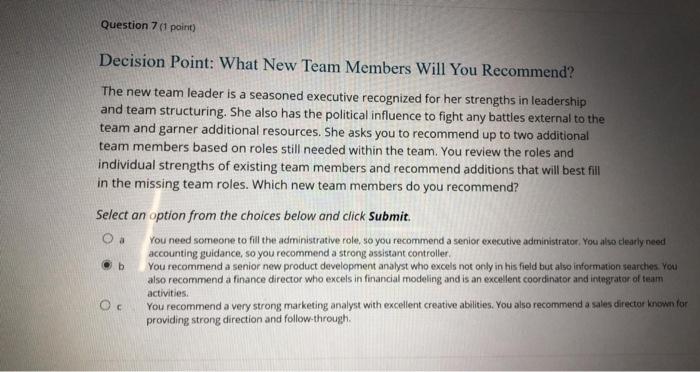 Solved Question 70 point) Decision Point: What New Team | Chegg.com