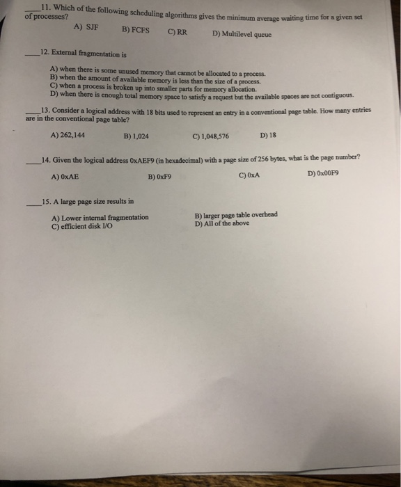 Solved 11 Which Of The Following Scheduling Algorithms