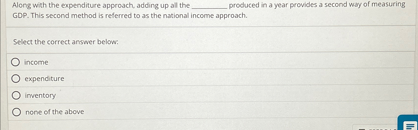 Solved Along with the expenditure approach, adding up all | Chegg.com