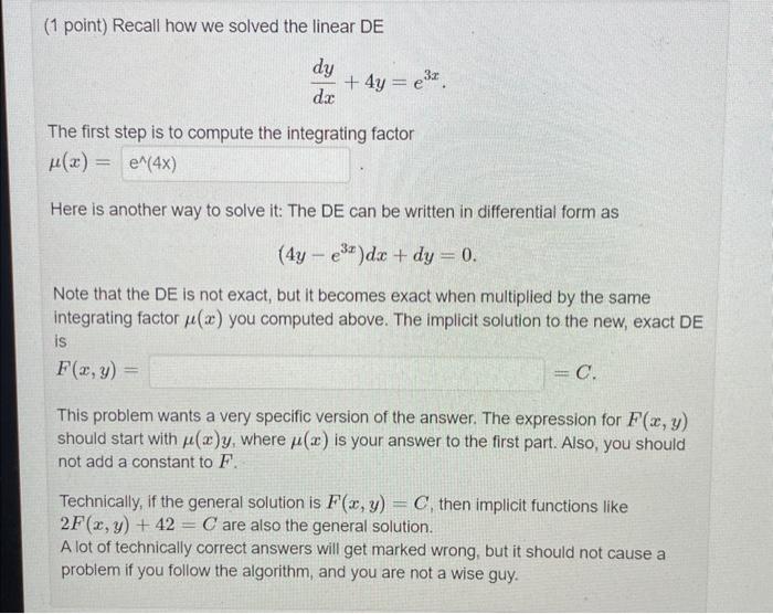 Solved (1 point) Recall how we solved the linear DE | Chegg.com