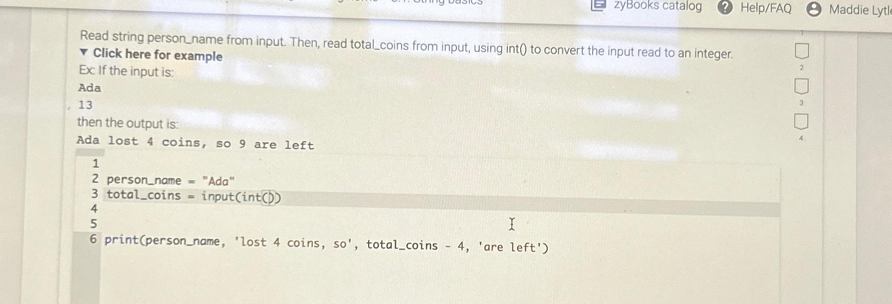 Solved zyBooks catalog(?) ﻿Help/FAQMaddie LytlRead string | Chegg.com