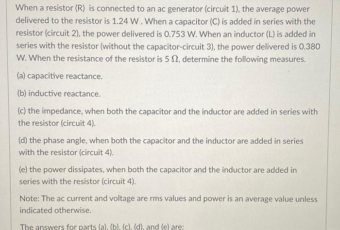 Solved When a resistor ( R ) is connected to an ac generator | Chegg.com