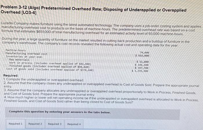 Solved Problem 3-12 (Algo) Predetermined Overhead Rate; | Chegg.com