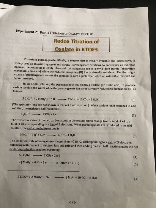 Experiment 21 REDOX TITRATION OF OXALATE IN KTOF3 | Chegg.com