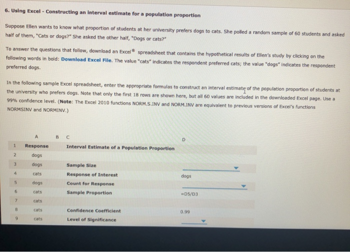 6. Using Excel - Constructing an interval estimate | Chegg.com