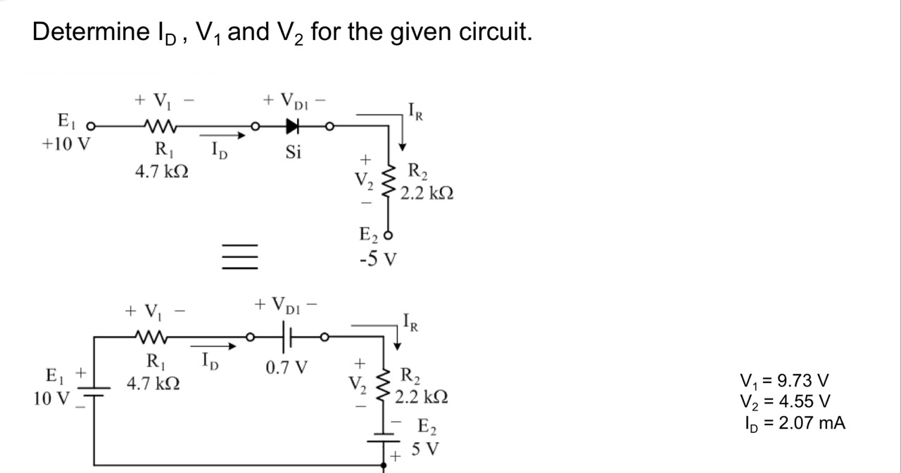 Solved Determine ID,V1 ﻿and V2 ﻿for the given | Chegg.com