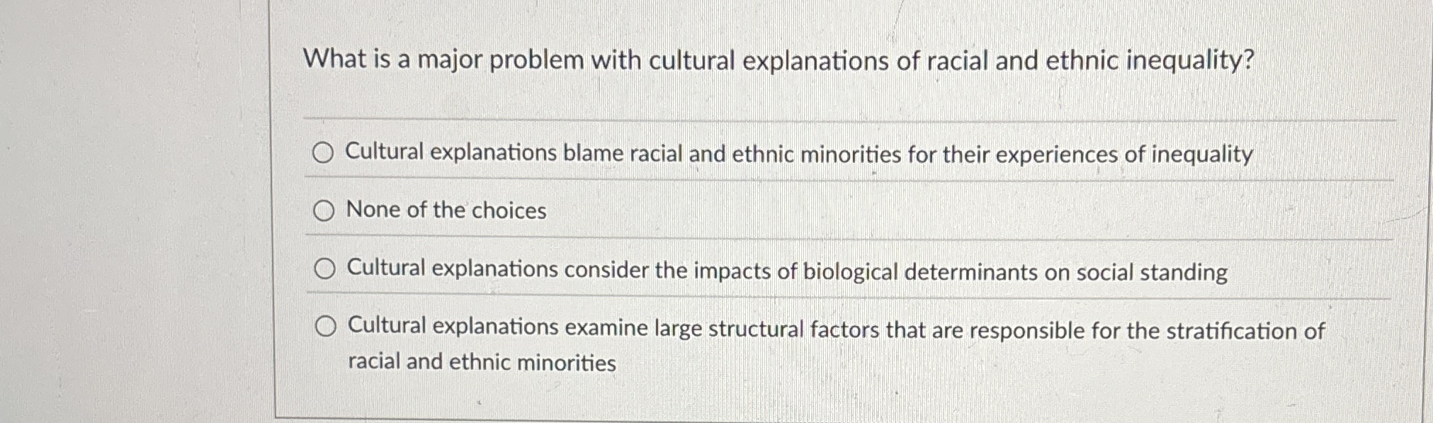 Solved What is a major problem with cultural explanations of | Chegg.com