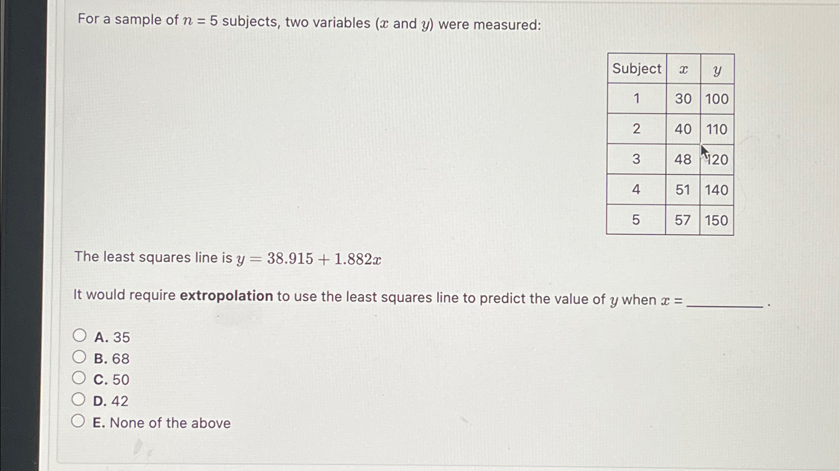 Solved For a sample of n=5 ﻿subjects, two variables ( x ﻿and | Chegg.com