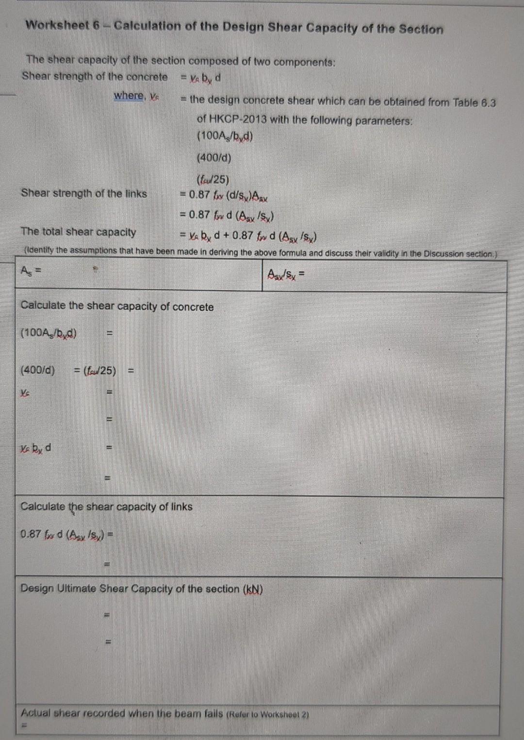 Worksheet 6− Calculation of the Design Shear Capacity | Chegg.com