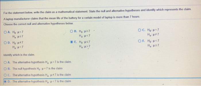 Solved For the statement below, write the claim as a | Chegg.com