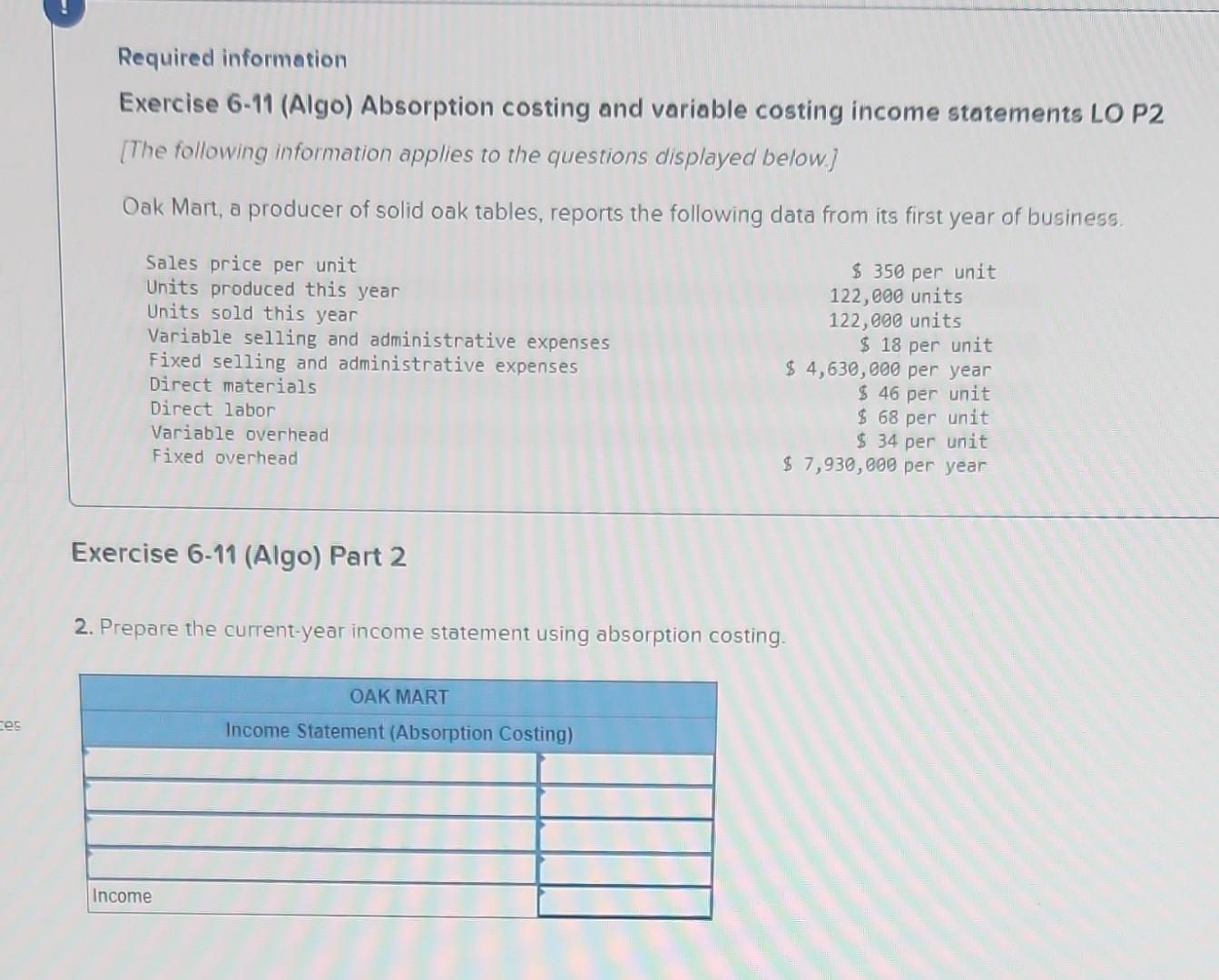 Solved Required information Exercise 6-11 (Algo) Absorption | Chegg.com