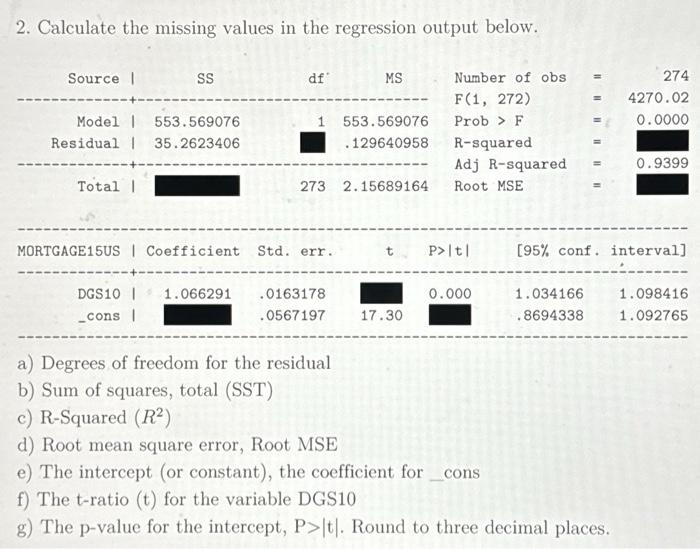 Solved 2. Calculate the missing values in the regression | Chegg.com