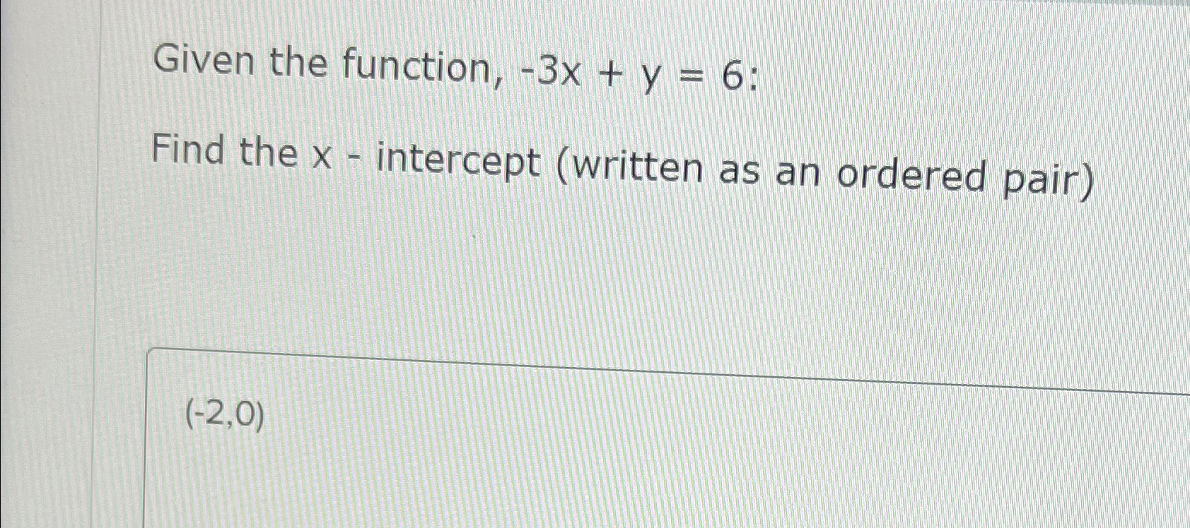 Solved Given the function, -3x+y=6 ﻿:Find the x - ﻿intercept | Chegg.com