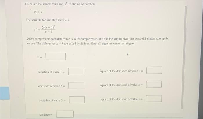 Solved Calculate the sample variance of the set of numbers | Chegg.com
