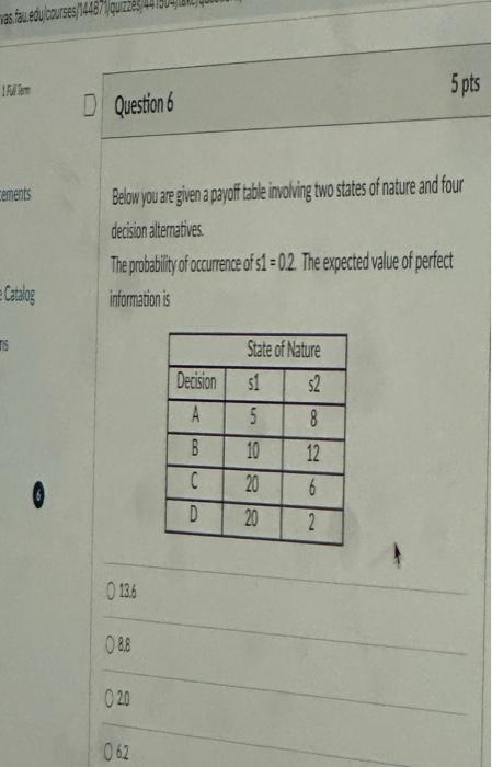 Solved 6 Below you are given a payoff table involving two | Chegg.com